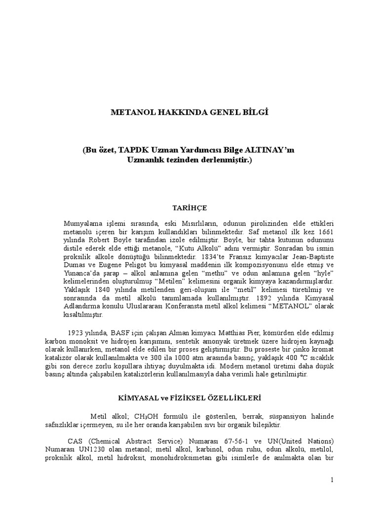 Metanol Hakkinda Genel Bilgi | PDF