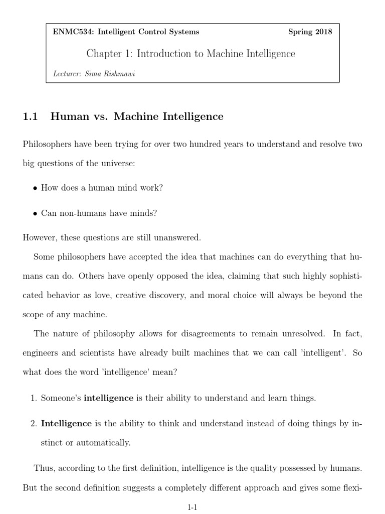 Chapter 1: Introduction To Machine Intelligence: ENMC534: Intelligent ...