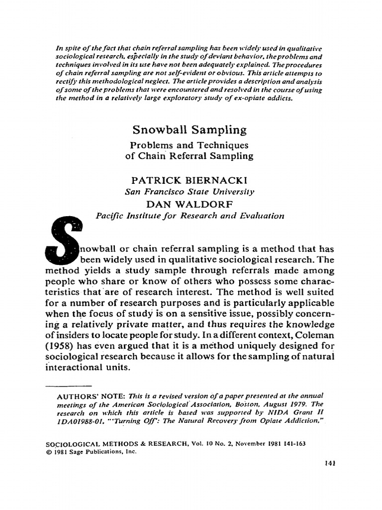 BIERNACKI, P WALDORF, D. Snowball Sampling. Problems and Techniques of ...