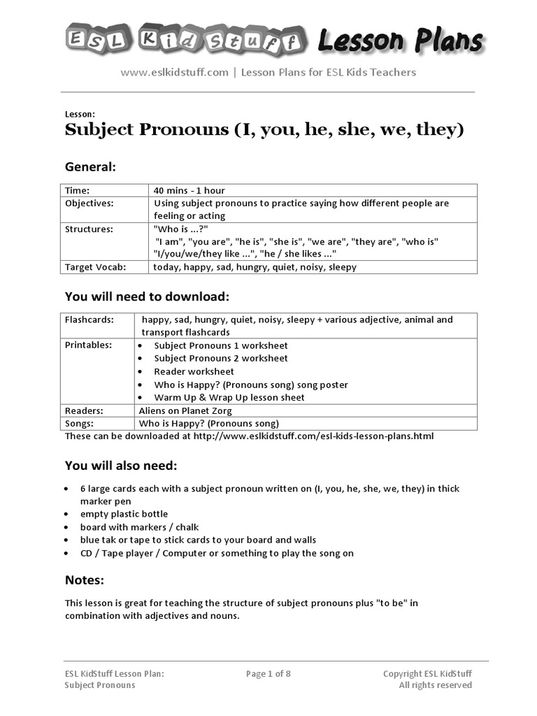 Personal Pronouns 30669 | PDF | Lesson Plan | English As A Second Or ...