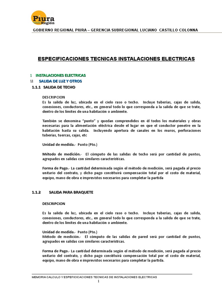 Especificaciones técnicas de instalaciones eléctricas para un proyecto de construcción | PDF ...