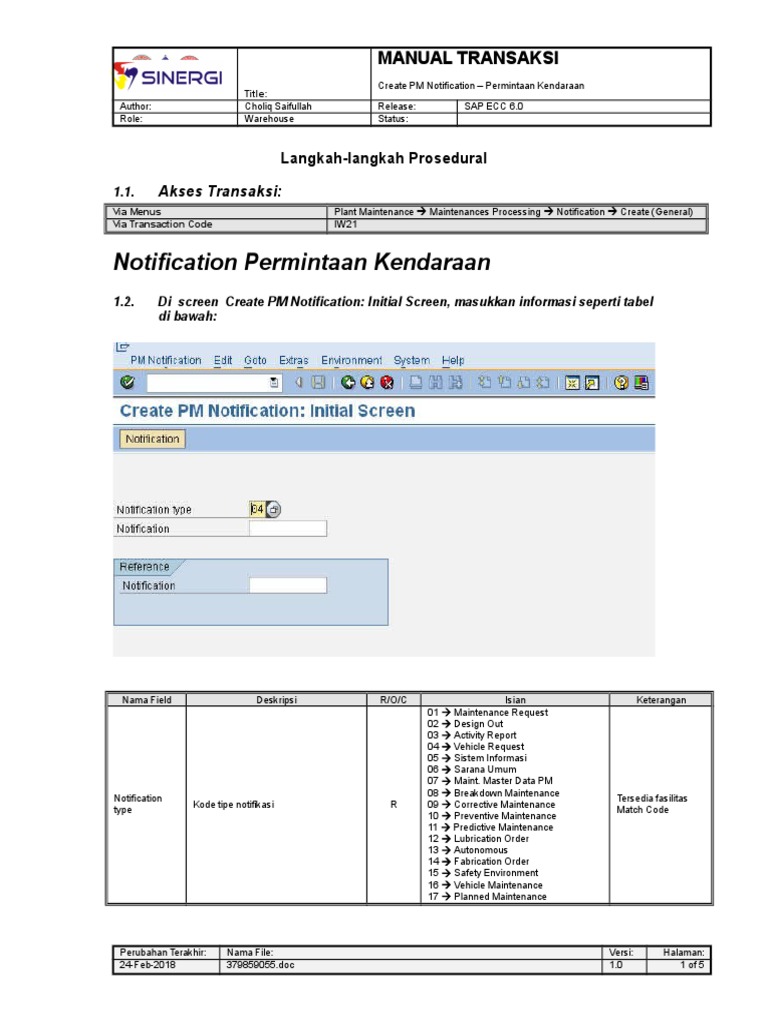 IW21 - Create Notification (Permintaan Kendaraan) | PDF