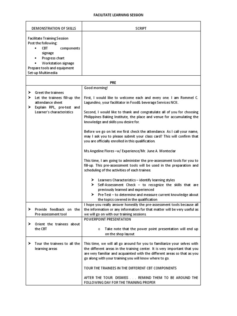 FACILITATE LEARNING SESSION-script.docx | Test (Assessment ...