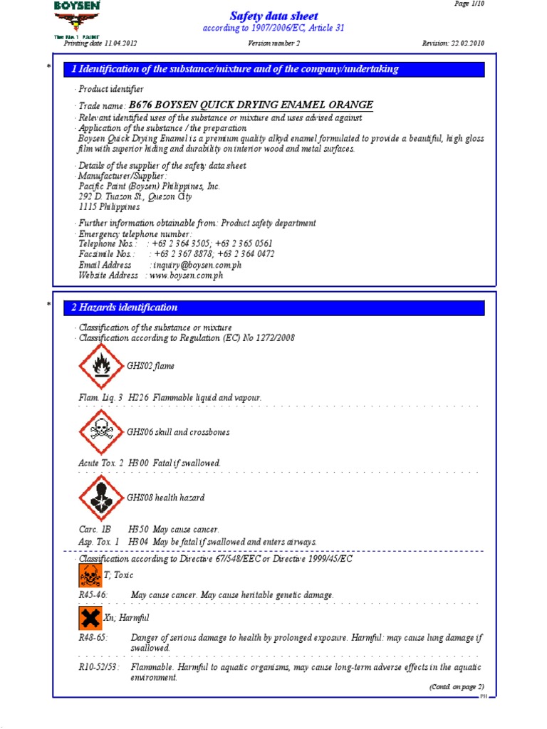 Boysen Quick Drying Enamel B676 SDS | PDF | Dangerous Goods | Toxicity