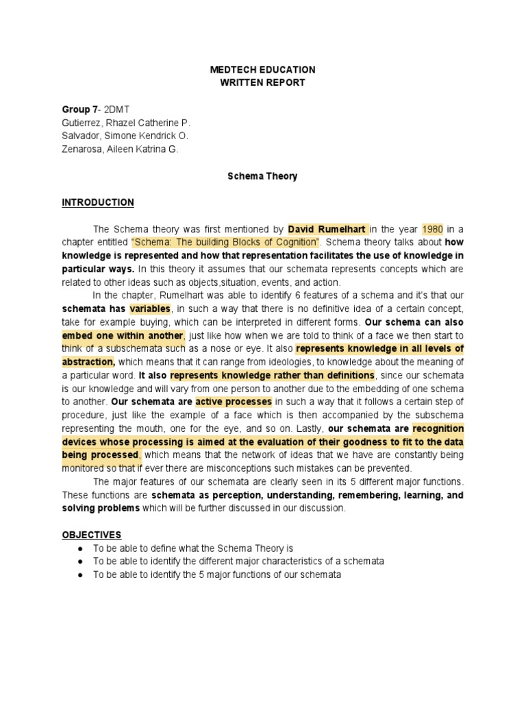 Schema Theory Handout | PDF | Schema (Psychology) | Neuropsychological ...