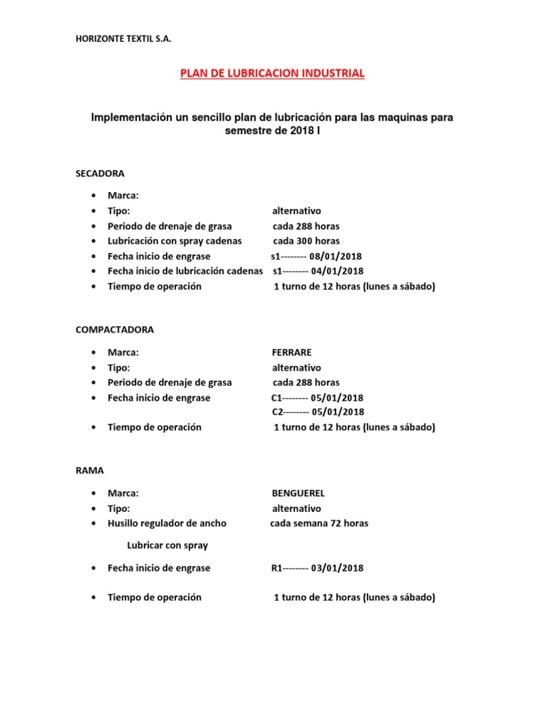 Plan de Lubricación Industrial 2018 | PDF | Negocios | Finanzas y dinero