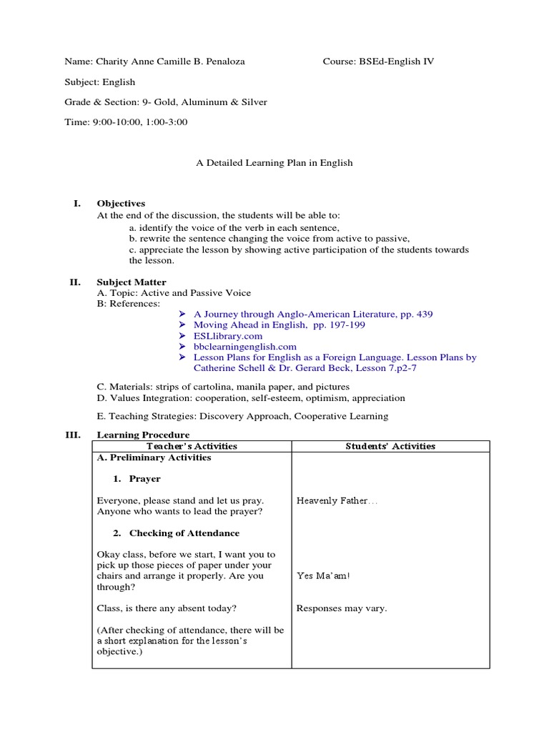 Active and Passive Voice Lesson Plan | PDF | Subject (Grammar) | Verb