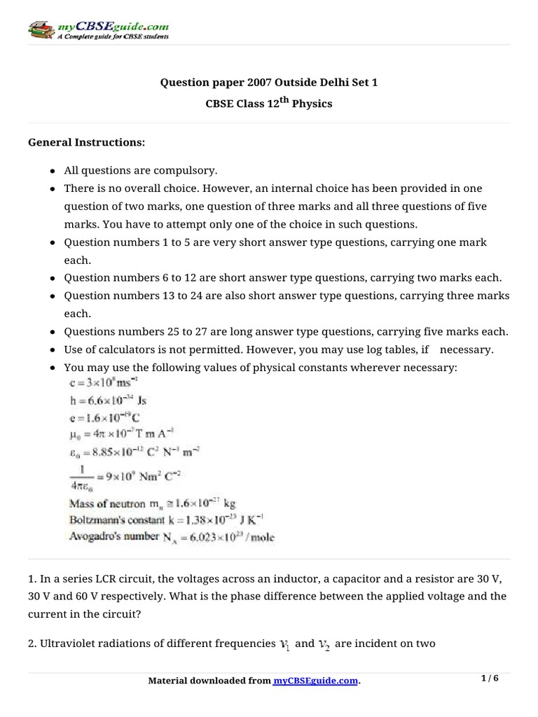 12 Physics Lyp 2007 Outside Delhi Set 1 | PDF | Diffraction | Capacitor