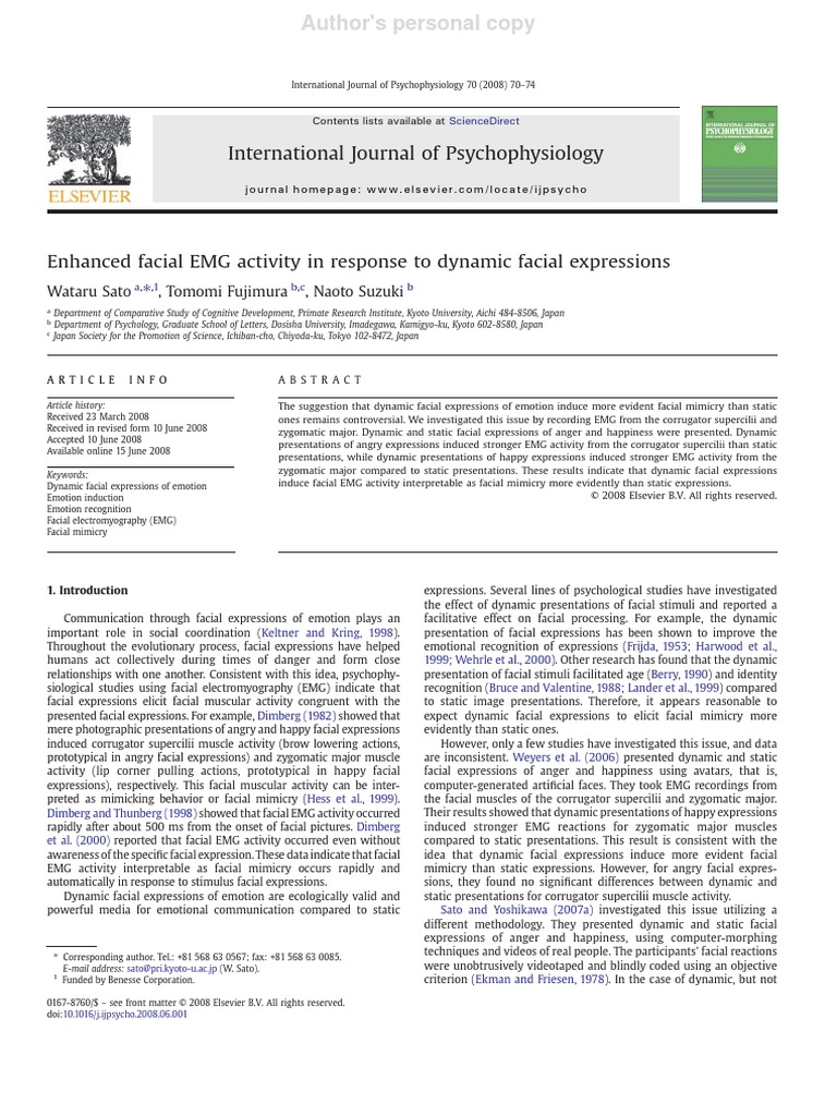 International Journal of Psychophysiology: Wataru Sato, Tomomi Fujimura ...