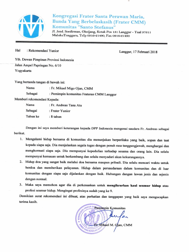 Permohonan Kaul Dan Rekomendari Fr. CMM | PDF