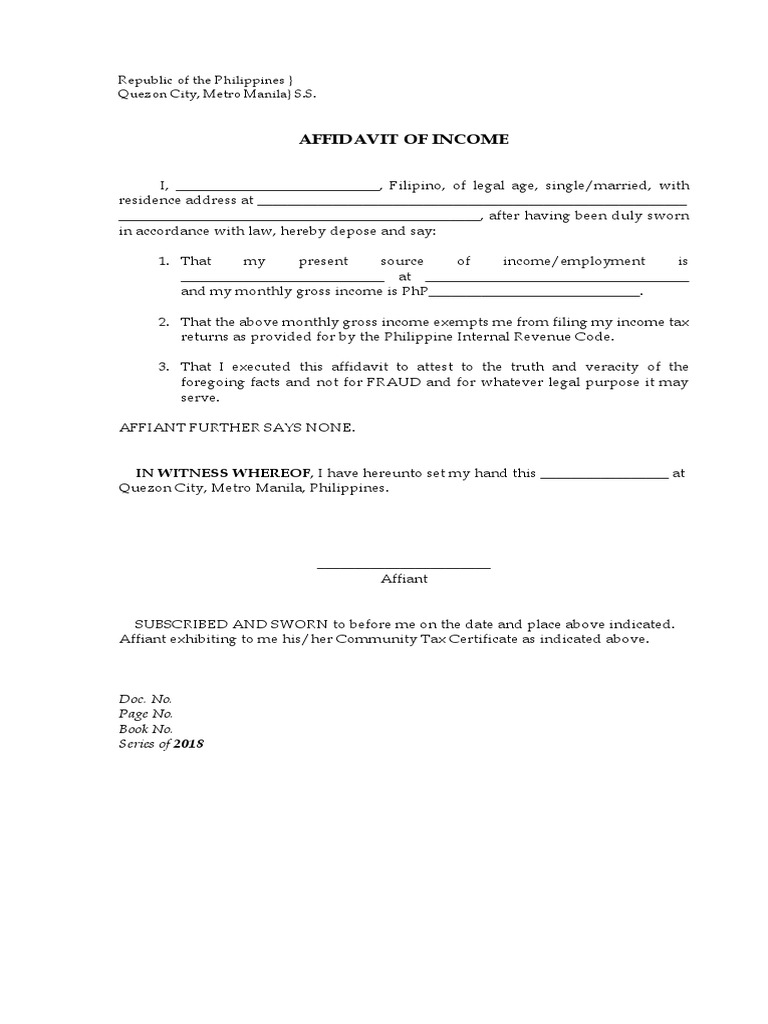 Affidavit of Income: Republic of The Philippines) Quezon City, Metro ...