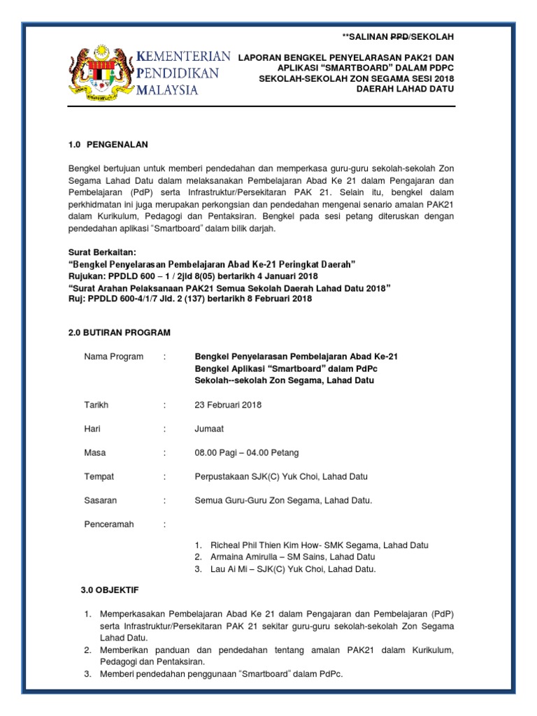 Laporan Bengkel Penyelarasan Pak21 Dan Aplikasi "Smartboard" Dalam PDPC | PDF