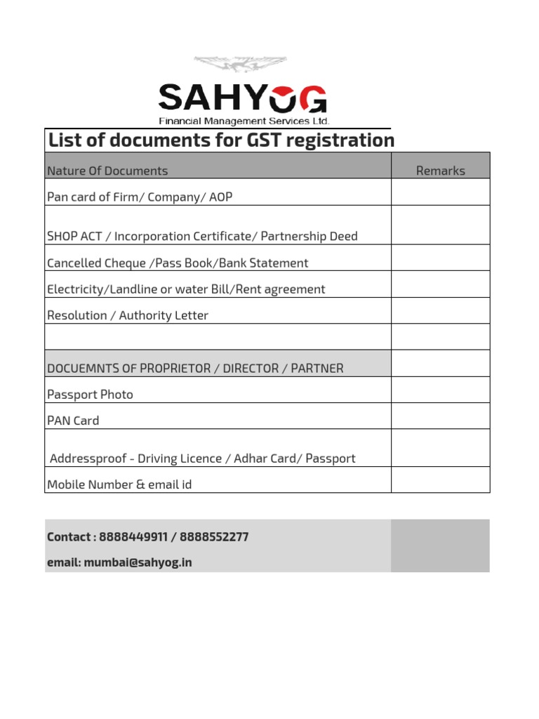 GST Registration Document Requirements | PDF