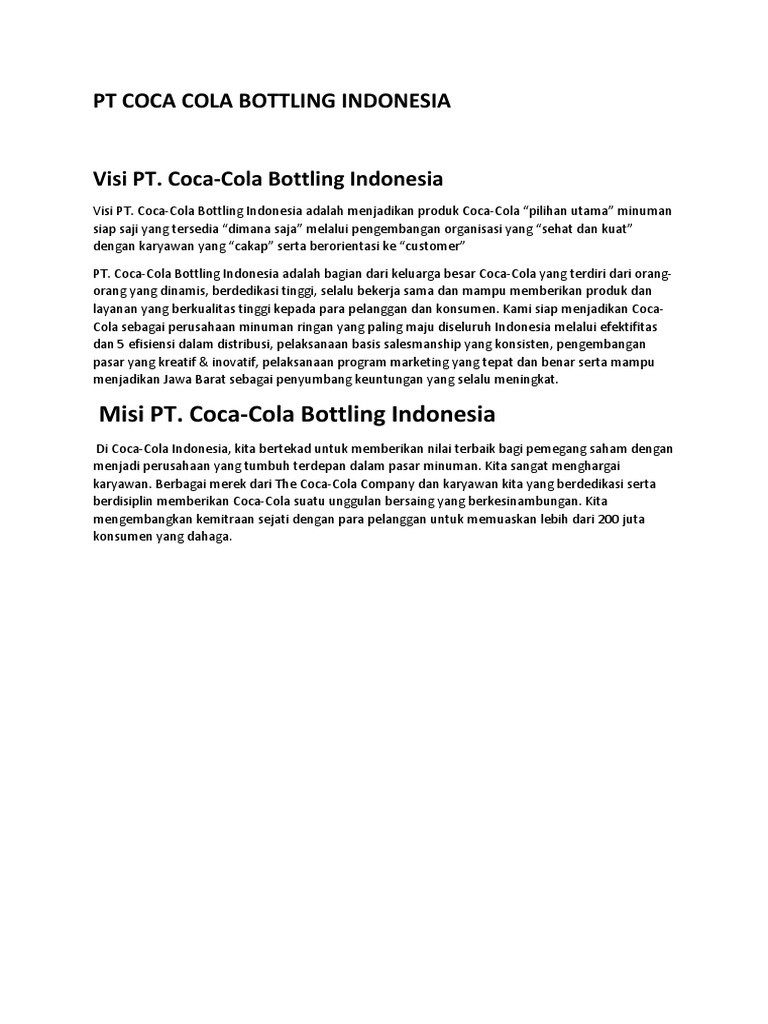 Visi dan Misi PT Coca-Cola Indonesia | PDF