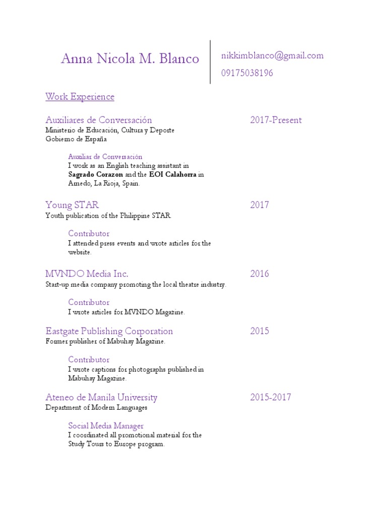 Nikki Blanco's CV | PDF | Behavior Modification | Communication