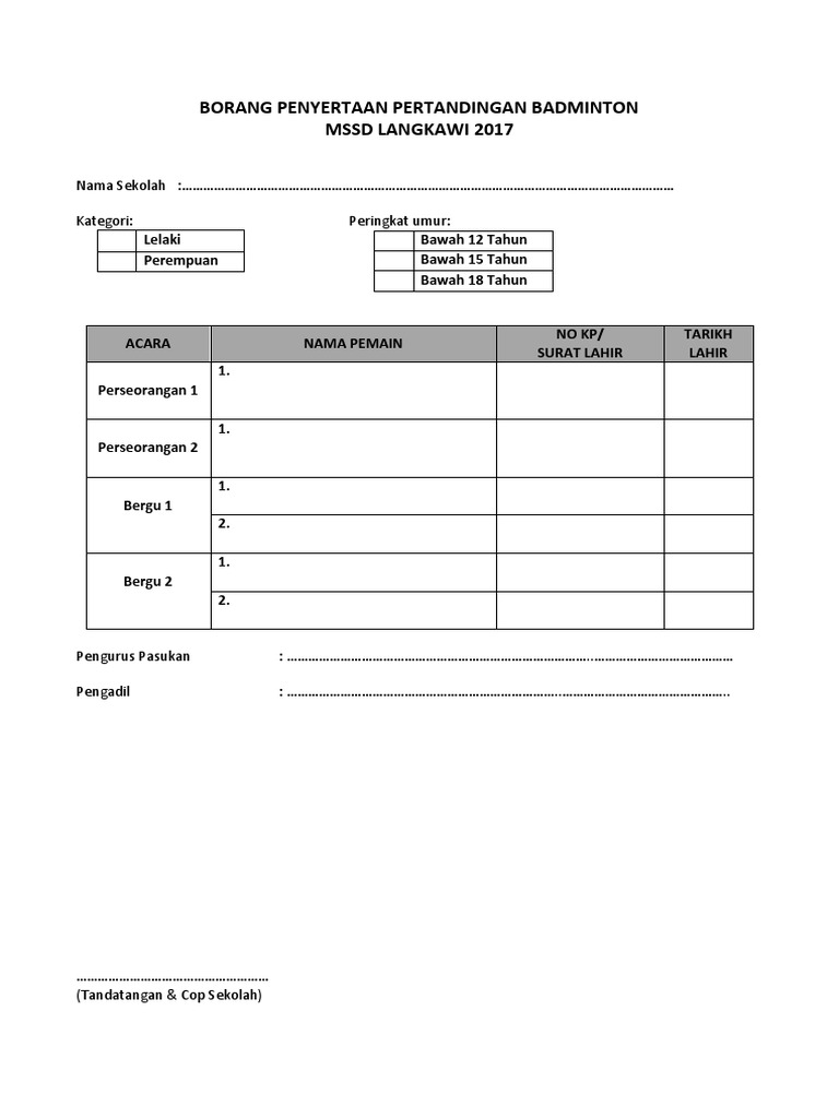 Borang Penyertaan Pertandingan Badminton | PDF