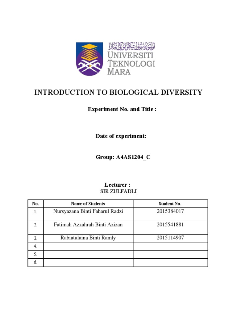 Introduction To Biological Diversity: Experiment No. and Title | PDF