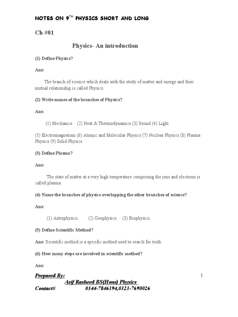 CH #01 Physics-An Introduction: Notes On 9 Physics Short and Long | PDF ...
