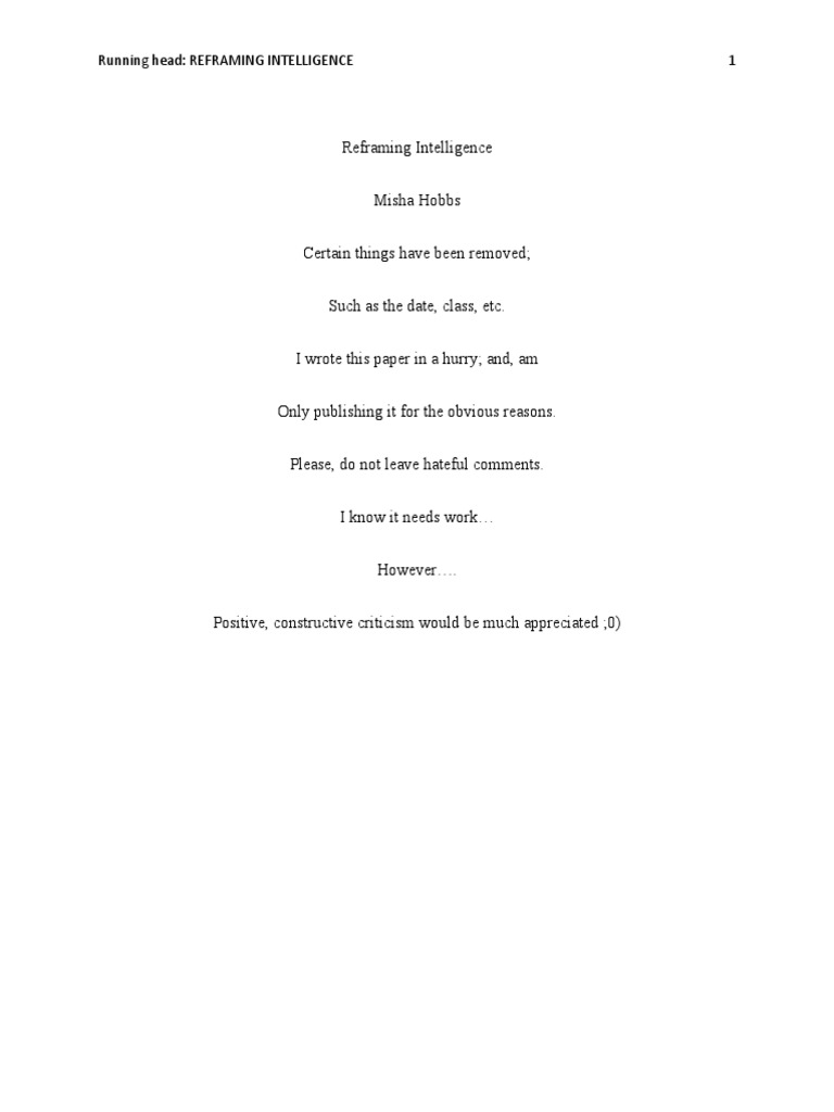 Running Head: Reframing Intelligence 1 | PDF | Behavior Modification | Intelligence