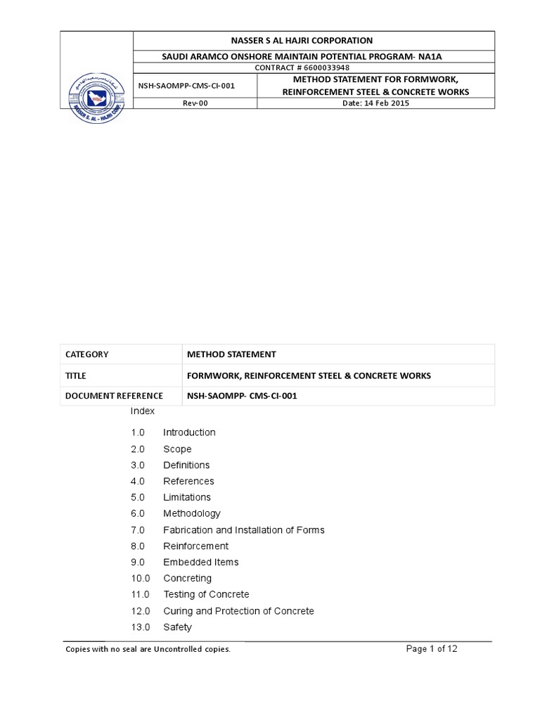 MS-001-Form Work, Reinforcement Steel & Concrete Works | PDF | Concrete ...