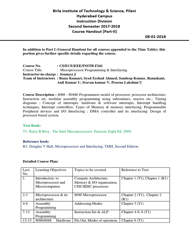 CS ECE EEE INSTR F241 - Microprocessor Programming Interfacing - Handout 2018 (2 Files Merged ...