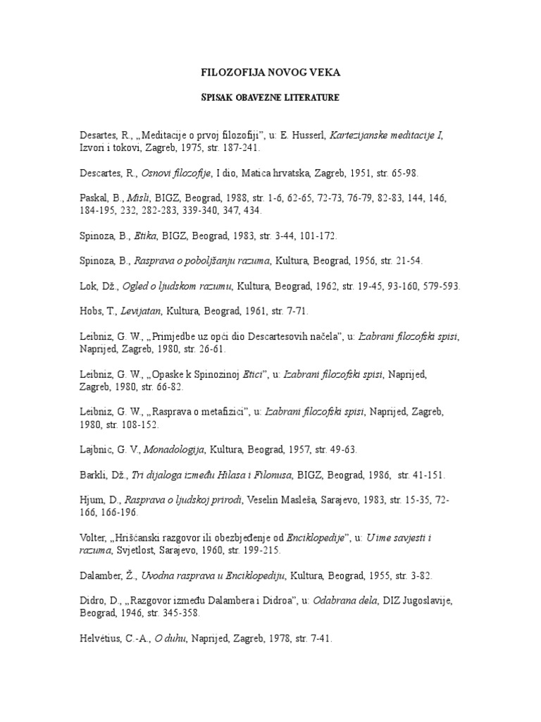 Filozofija Novog Veka - Spisak Literature | PDF