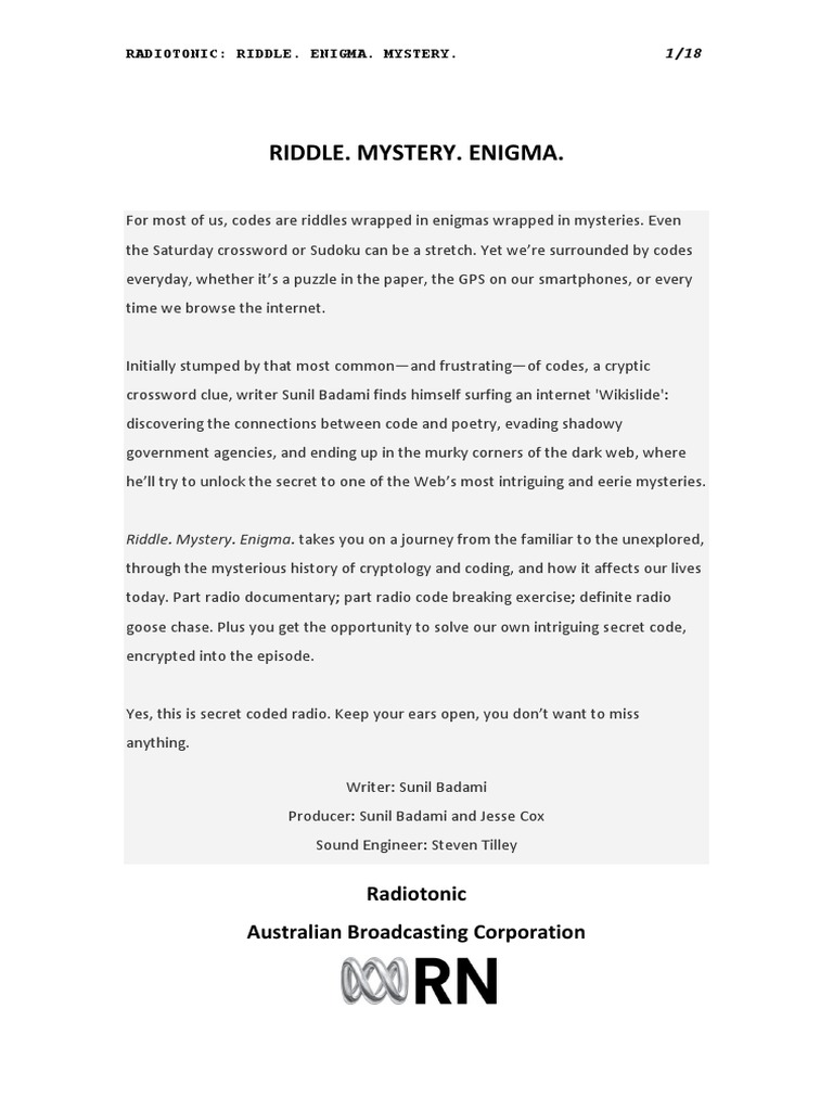 2 RIDDLE. MYSTERY. ENIGMA Transcript Australia Documentary | PDF ...
