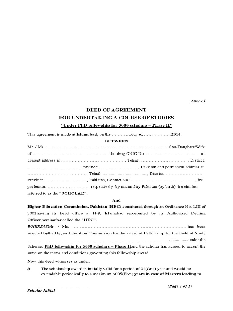 Deed of Agreement For Undertaking A Course of Studies: "Under PHD ...