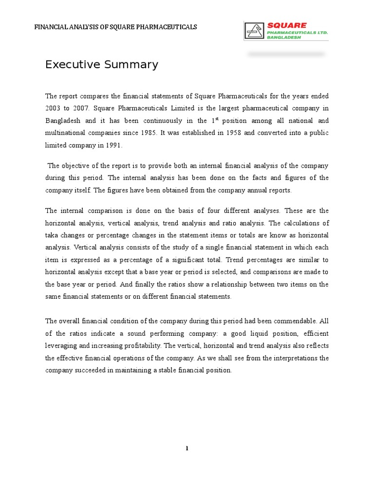 Executive Summary: Financial Analysis of Square Pharmaceuticals | PDF ...