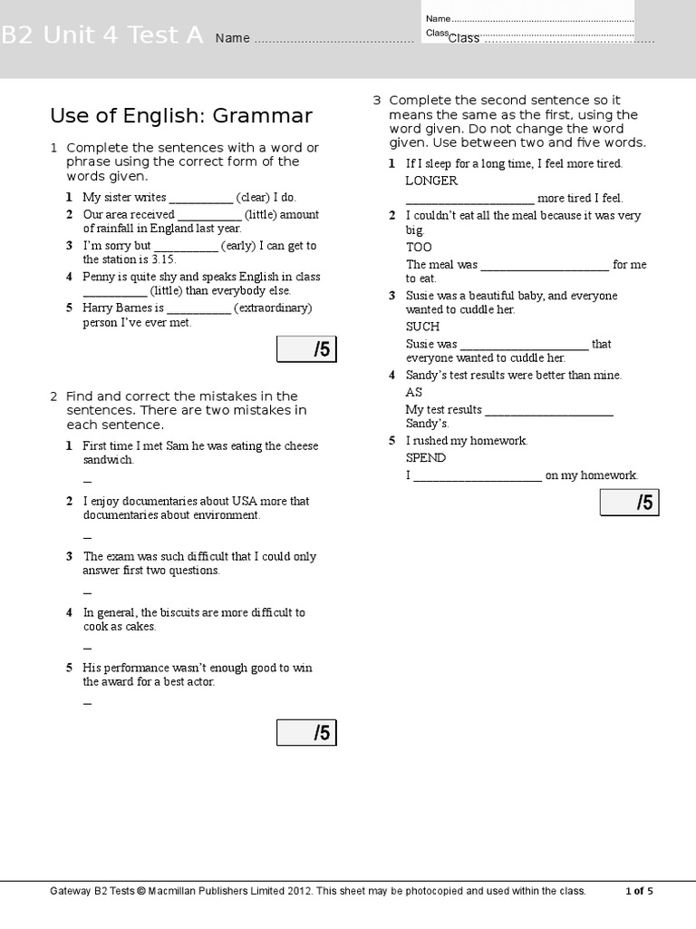 B2 Unit 4 Test A: Use of English: Grammar | PDF | Expert