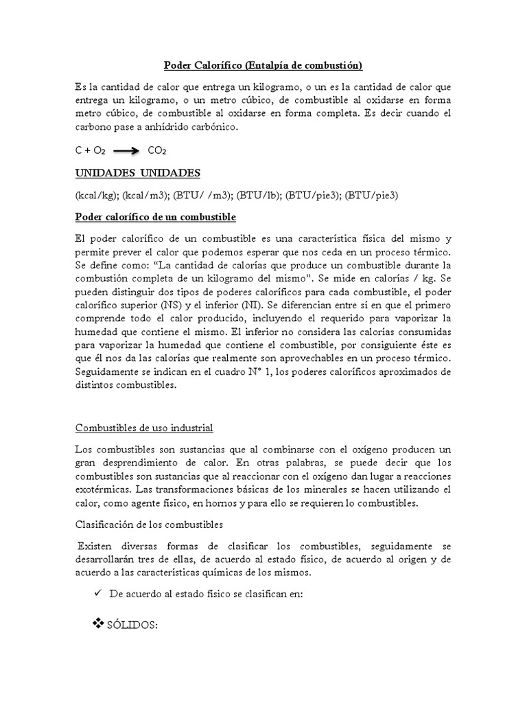 Poder Calorífico de Combustibles: Tipos y Usos | PDF | Combustibles ...