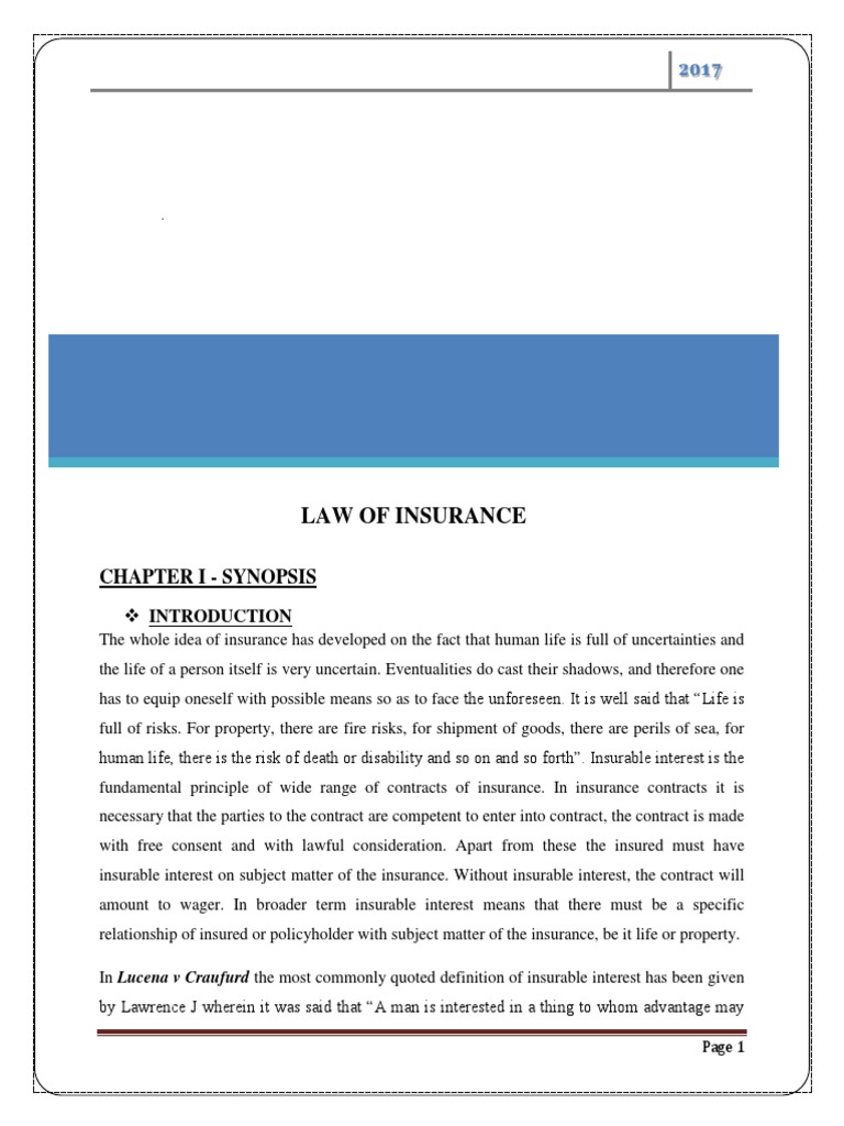 Law of Insurance: Chapter I - Synopsis | PDF | Insurance | Insurance Policy