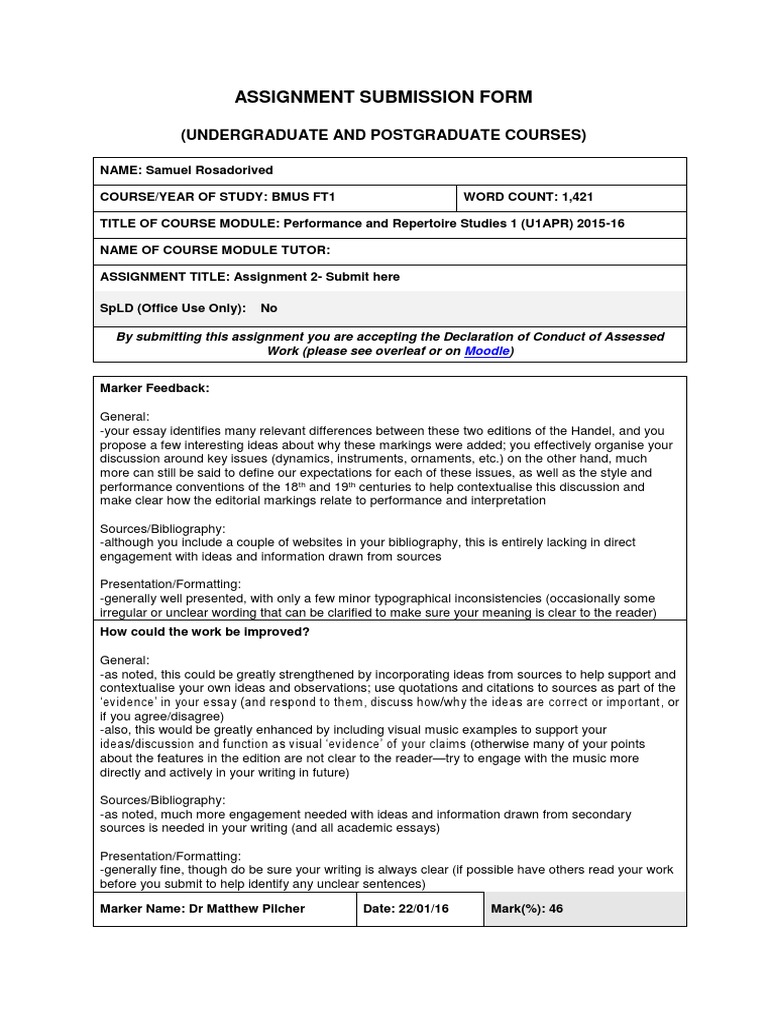 Assignment Submission Form: (Undergraduate and Postgraduate Courses ...