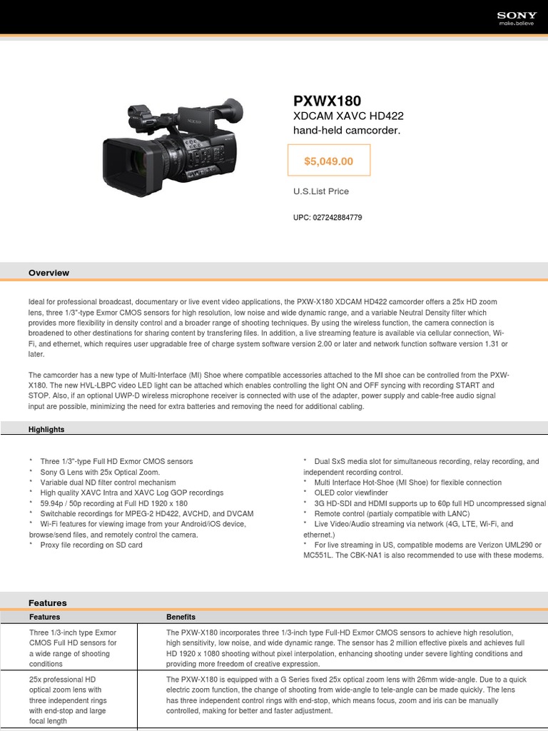 PXWX180: Xdcam Xavc Hd422 Hand-Held Camcorder | PDF | Codec | Zoom Lens