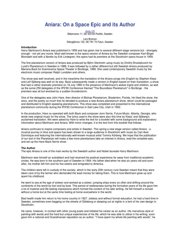 Aniara: On A Space Epic and Its Author | PDF | Nature