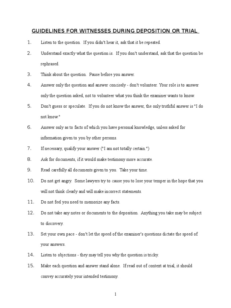 Guidelines For Witnesses During Deposition or Trial | Download Free PDF ...