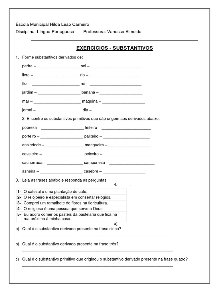 Exercicios Substantivos Primitivos e Derivados | PDF