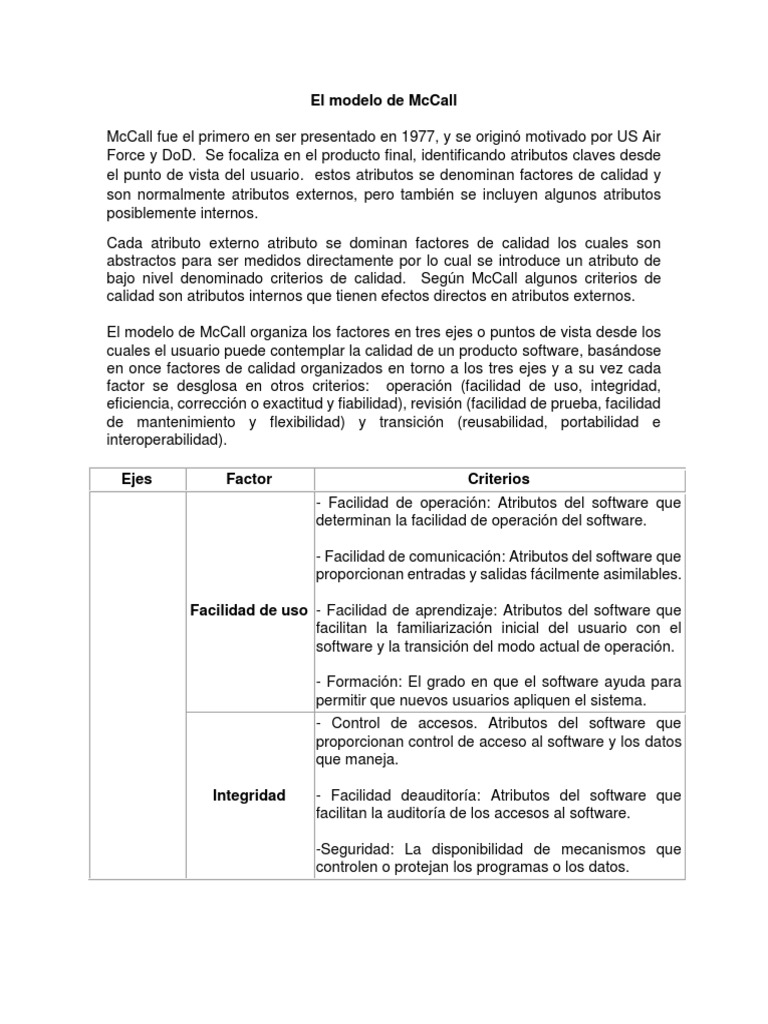 Modelo de Calidad McCall: Factores y Criterios | PDF | Usabilidad ...
