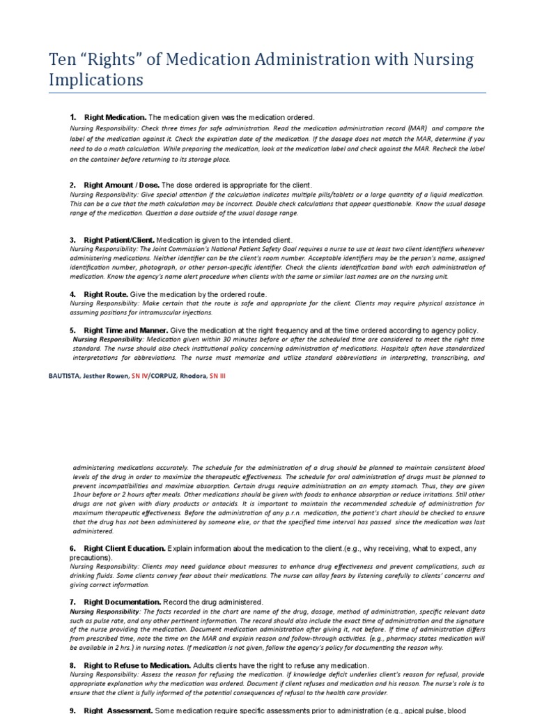 10 Rights of Drug Administration With Nursing Implications | PDF ...