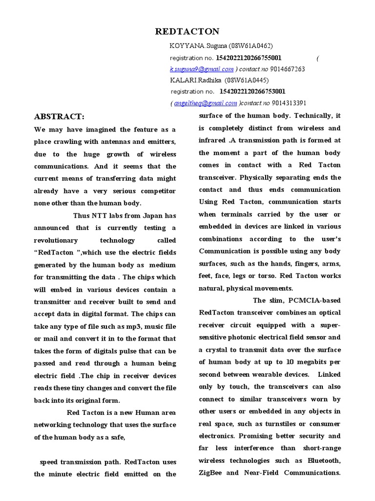 Redtacton: Abstract | PDF | Wireless | Transmitter