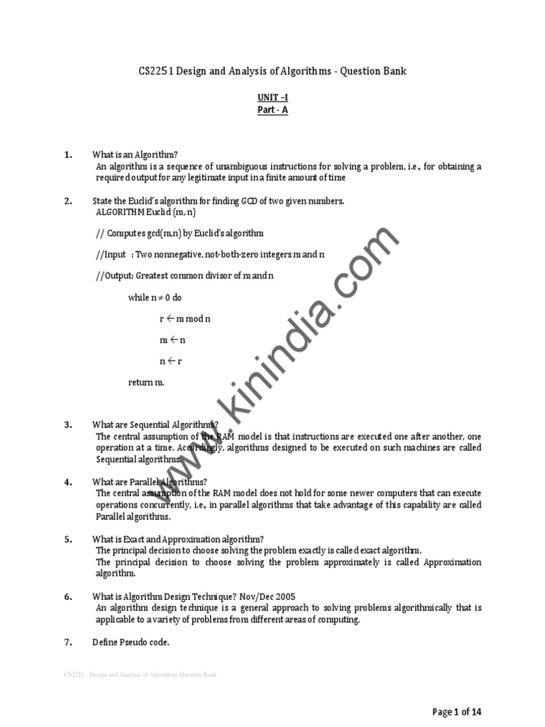 CS2251 Design and Analysis of Algorithms - Question Bank: Unit - I | PDF | Computational ...