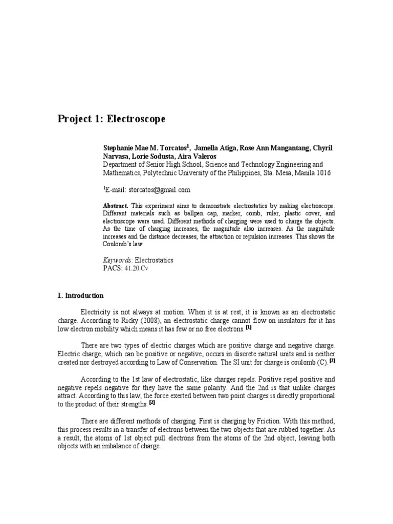 Project 1: Electroscope | PDF | Electric Charge | Electrostatics