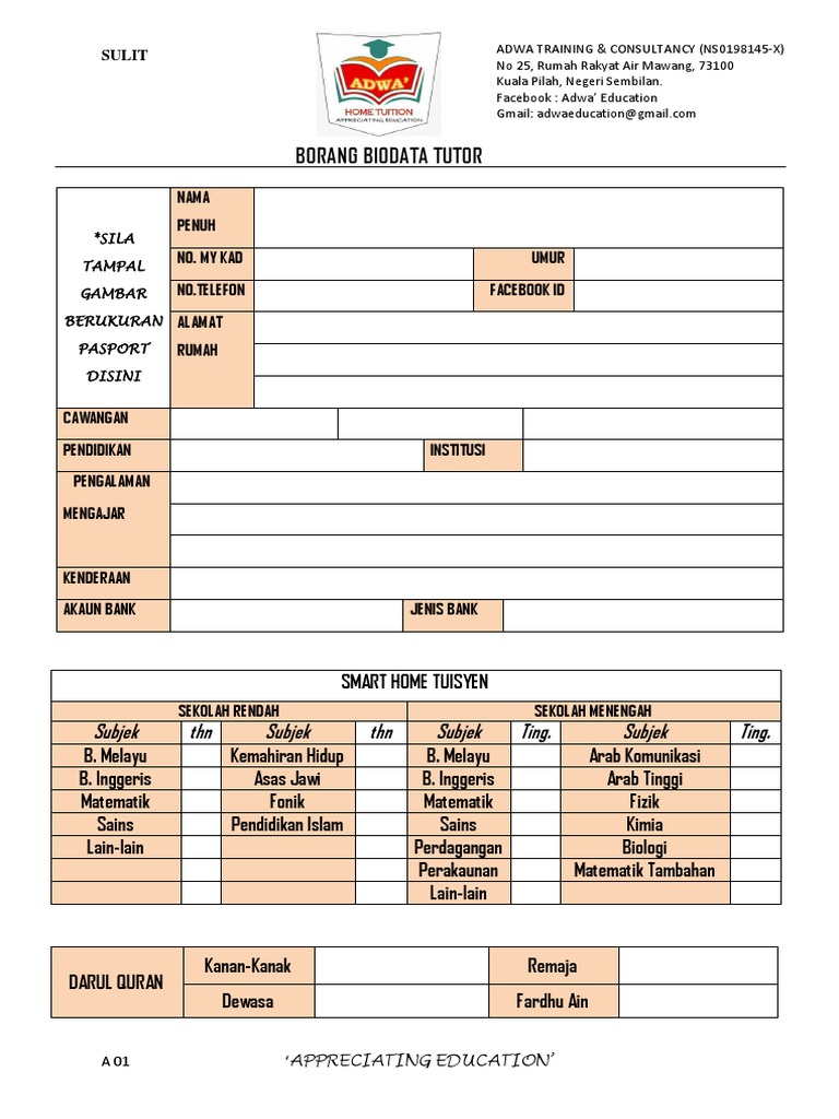 Borang Biodata Tutor | PDF