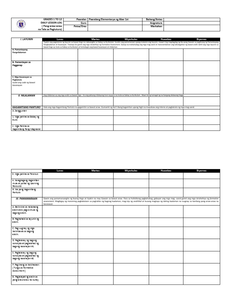 DLL Template Grades 1 To 12 (Filipino) | PDF
