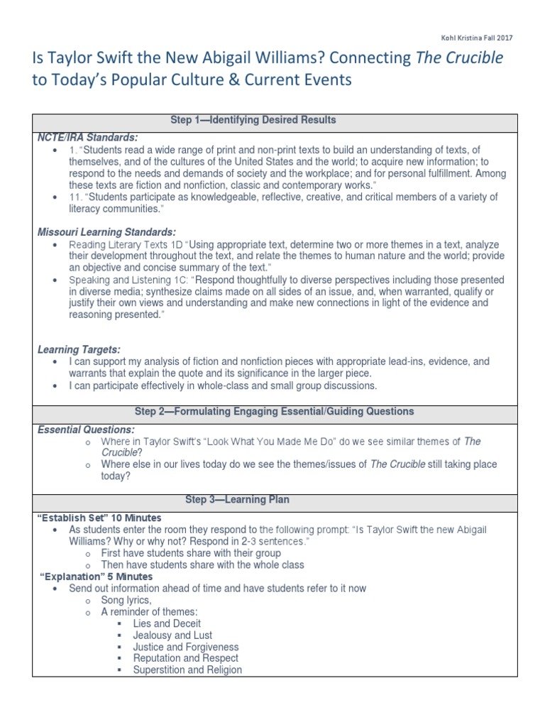 Is Taylor Swift The New Abigail Williams Lesson Plan | PDF | Lesson ...