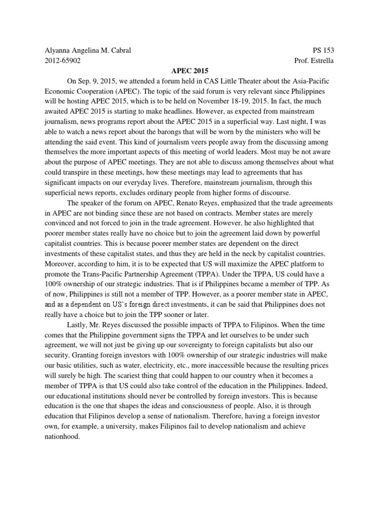 APEC Reaction Paper | PDF | Asia Pacific Economic Cooperation | Trans ...