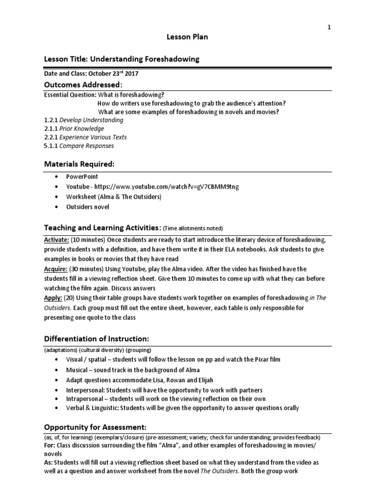 Lesson Plan - Foreshadowing | PDF | Teaching | Psychology
