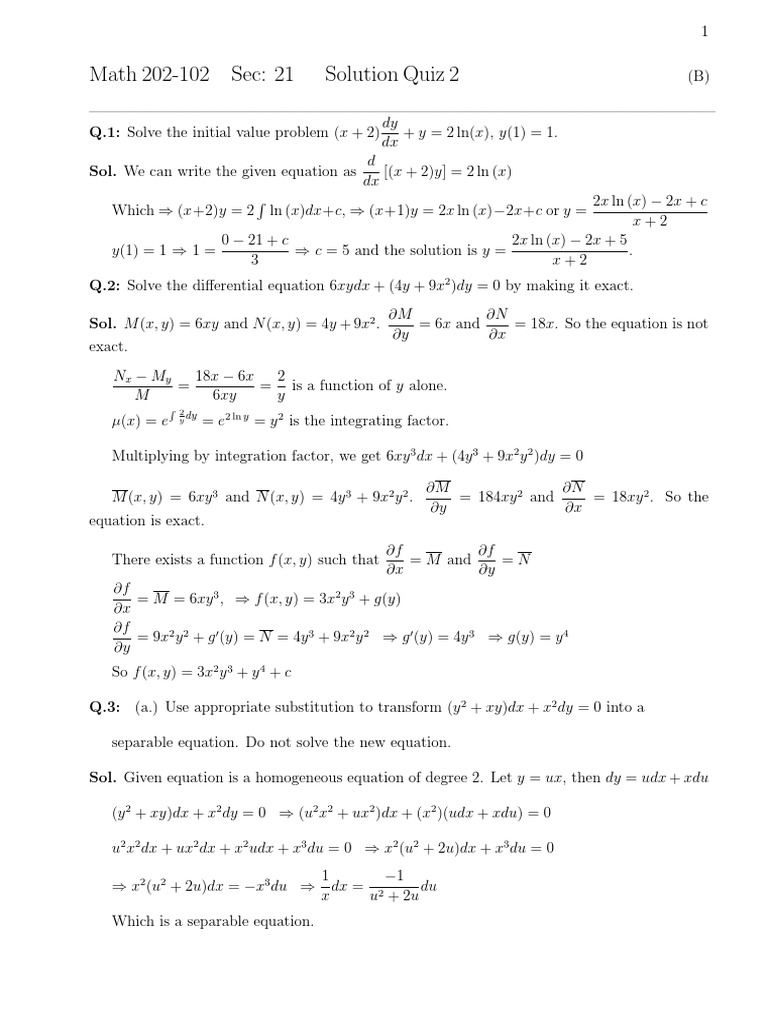 Math 202-102 Sec: 21 Solution Quiz 2 | Download Free PDF | Applied ...