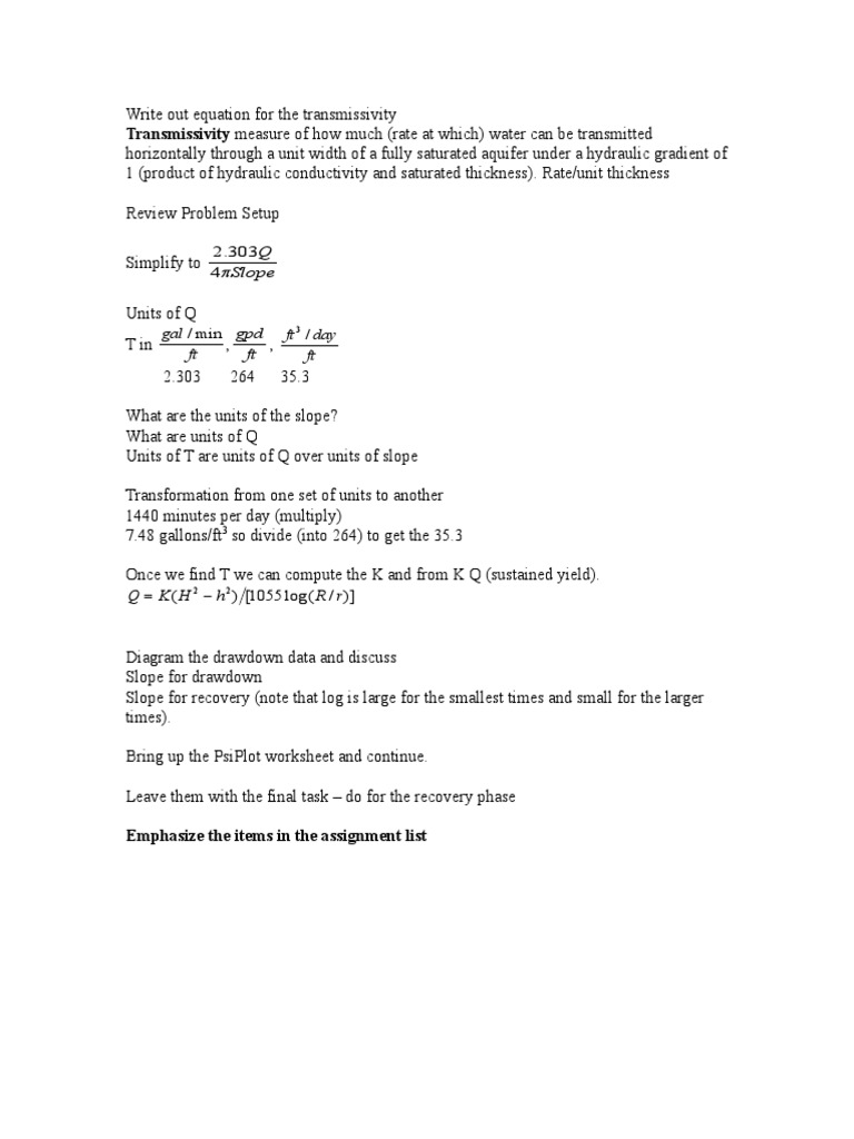 Transmissivity Measure of How Much (Rate at Which) Water Can Be ...