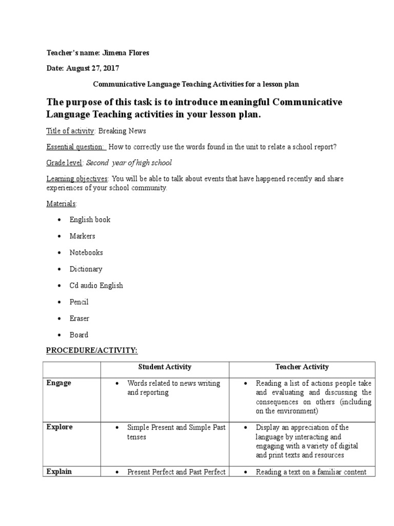 Communicative Language Teaching Lesson Plan Alexandra Flores PDF 